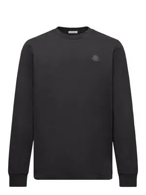 Moncler Leather Logo Long Sleeve Cotton T-shirt - Black