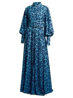 OFUURE Azi Maxi Shirt Dress With Bishop Sleeves And Leopard Print - Blue