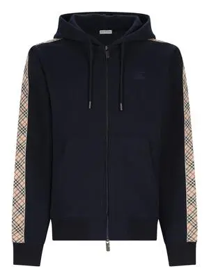 Burberry Felpa In Cotone Con Cappuccio, Cerniera E Finiture Check - Blue