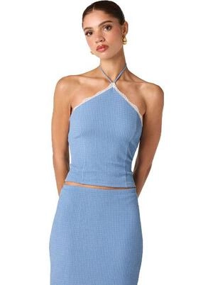 Astr The Label Milana Lace Trim Halter Top - Blue