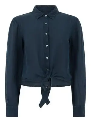 120% Lino Cropped Linen Shirt With Bow Detail - Blue