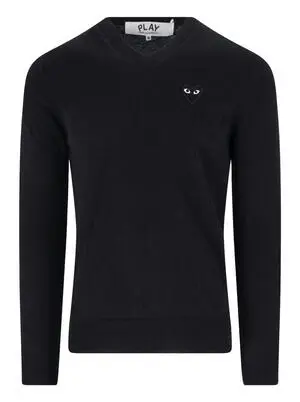 Play Comme Des Garcon 100% Wool V-neck Sweater With Heart Patch - Black