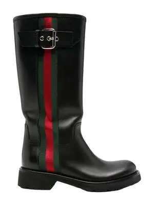 Gucci Web Detail Leather Boots - Black