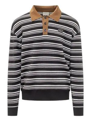 Drole De Monsieur Striped Long Sleeve Knit Polo - Navy