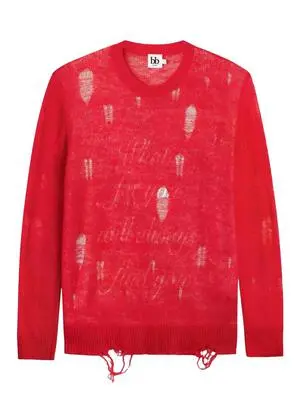 B+AB Distressed Semi-sheer Crew Neck Sweater - Red