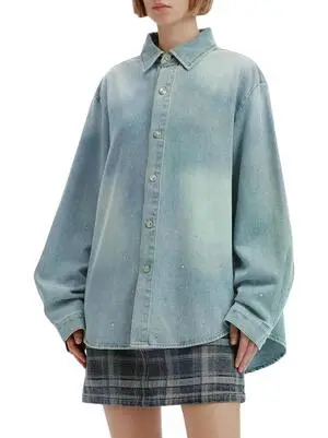 B+AB Crystal Embellished Washed Denim Shirt - Blue