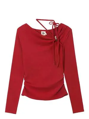 B+AB Bb Bead-embellished Ruched Asymmetric Neck Blouse - Red