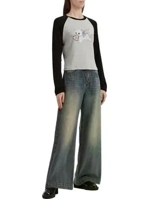 B+AB Cat Print Raglan Sleeve T-shirt - Grey