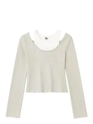 B+AB Layered Cold-shoulder Ribbed Long-sleeve T-shirt - Neutrals