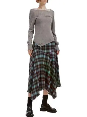 TOUT A COUP Handkerchief Hem Plaid Midi Skirt - Blue