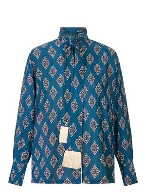 F.R.S FOR RESTLESS SLEEPERS Geometric Pattern Tie Detail Blouse - Blue