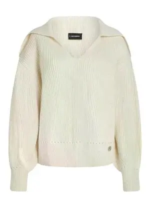 Karl Lagerfeld Ribbed Knit Wide Collar V-neck Sweater - Neutrals