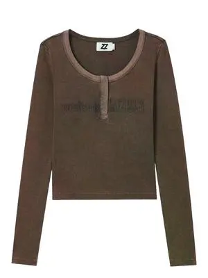 Izzue Embroidered Long-sleeve Henley Top - Brown