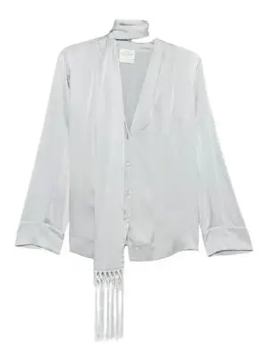 FORTE_FORTE Fringe Trim Tie Neck Shirt - Grey