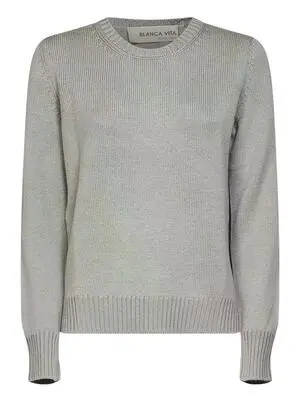 BLANCA VITA Ribbed Knit Crew-neck Sweater - Grey