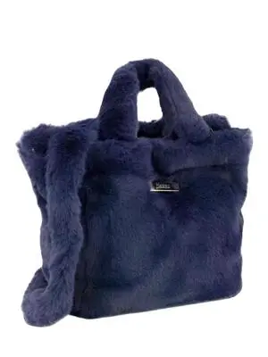 Herno Faux-fur Tote Bag With Logo Plaque - Blue