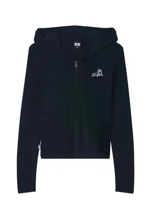 FINGERCROXX Ribbed Knit Full Zip Hoodie With Embroidered Logo - Blue