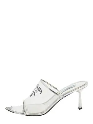 Prada Tone Metallic Triangle Logo Slide Sandals - Silver