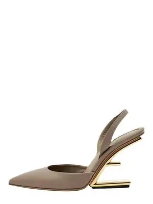 Fendi Beige Leather Pointed Toe Ff Logo Heel Slingback Pumps - Neutrals