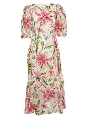 DOLCE & GABBANA Dolce & Gabbana Lily Print Puff Sleeve Midi Dress