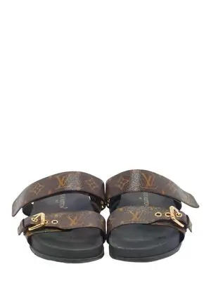 LOUIS VUITTON Monogram Canvas Slides With Gold-tone Buckle - Brown