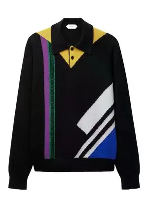 Versace Wool Intarsia Knit Polo Jumper With Greca Motif - Black