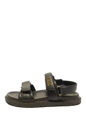 Dior Christian Dior Leather Gold-Tone Logo Lettering Slingback Sandals Black