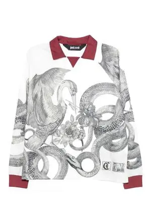 Just Cavalli Graphic Print Long Sleeve Polo Shirt - White