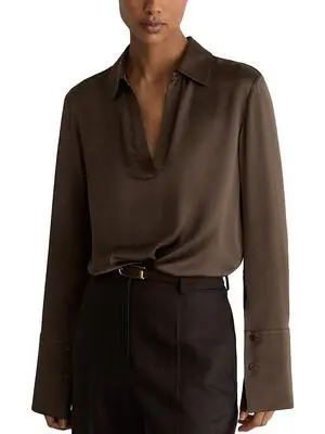 REISS Marina Silk V-neck Top - Mocha Brown