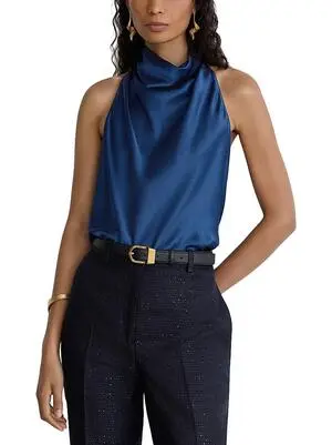 REISS Cowl Neck Silk Top - Navy
