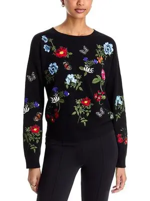 Alice + Olivia Teanna Embroidered Crewneck Sweater - Black Multi