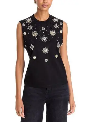 Alice + Olivia Cotton Embellished Sleeveless Top - Black/multi