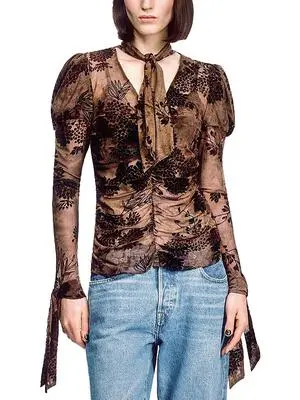 Anna Sui Dahlia Tulle Knit Long Sleeve Top - Chocolate