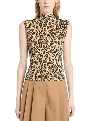 Marella Sleeveless Leopard Print Turtleneck Top - Camel