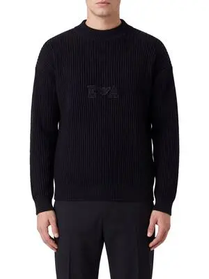 Emporio Armani Cotton Blend Crewneck Jumper With Tone-on-tone Logo - Black