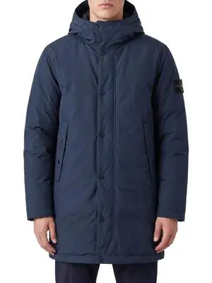 Stone Island Recycled Technical Fabric Short Parka With Hood And Logo Badge - Navy