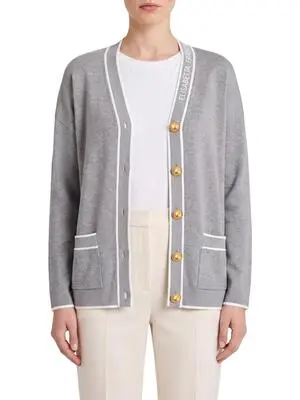 Elisabetta Franchi Virgin Wool Cardigan With Contrast Trims And Logo - Grey