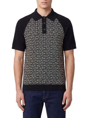 Balmain Pb Monogram Knitted Polo Shirt In Cotton And Linen Blend - White