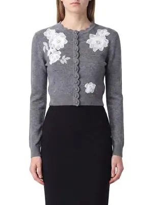 SELF-PORTRAIT Slim Fit Wool And Cashmere Cardigan With Floral Appliqu - Grey