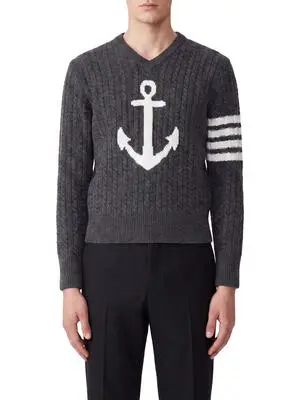 Thom Browne Thom Browne Virgin Wool V-Neck Jumper With 4-Bar Stripe Grey