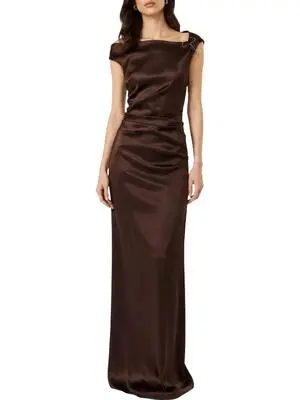 Max Mara Long One-shoulder Satin Evening Gown With Waist Draping - Brown