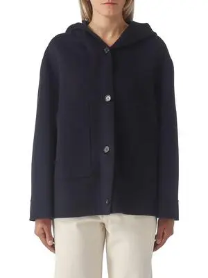 Max Mara Hooded Virgin Wool Short Coat - Navy