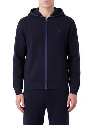 Emporio Armani Wool Knit Zip-up Hoodie With Eagle Logo - Black