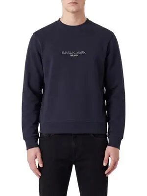 Emporio Armani Crewneck Cotton Sweatshirt With Contrast Embroidered Logo - Blue