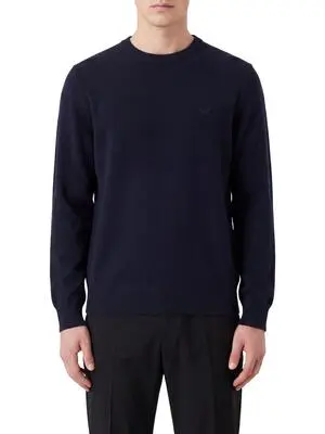 Emporio Armani Cotton Crewneck Jumper With Eagle Logo - Blue