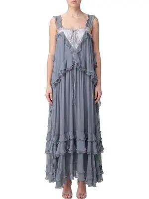 Chloé Long Ceremony Gown In Organic Silk With Lace Inserts - Green