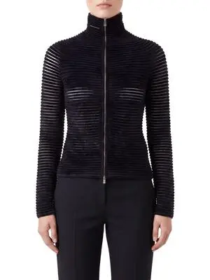 Giorgio Armani Ribbed Knit Zip-up Turtleneck Cardigan - Black