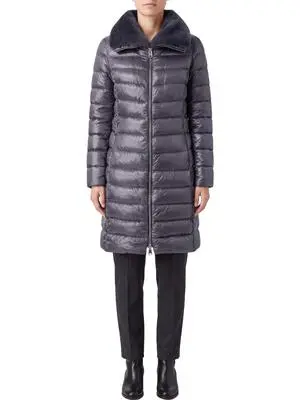 Herno Knee-length Down Jacket In Water-repellent Ultralight Nylon With Fur Collar - Grey
