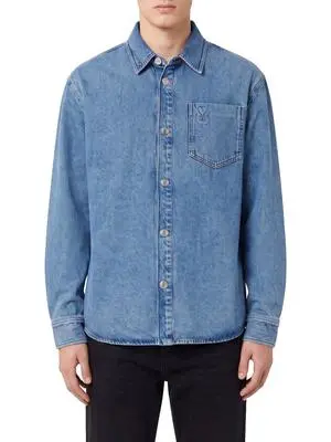 AMI Paris Cotton Denim Shirt With French Collar And Concealed Buttoning - Gnawed Blue