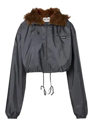 Miu Miu Miu Miu Shearling-Trimmed Cropped Technical Jacket Grey